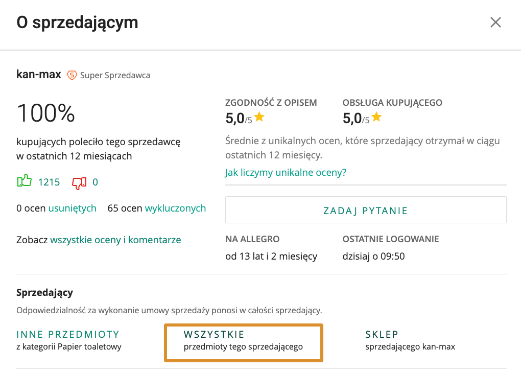 Wszystkie przedmioty sprzedającego - nie wyświetla wszystkich ofert ...